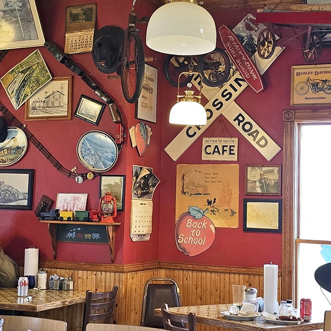 Railroad signs, vintage bicycles, and antique tools transform walls into a time capsule of rural Americana&mdash;history class never tasted this good.