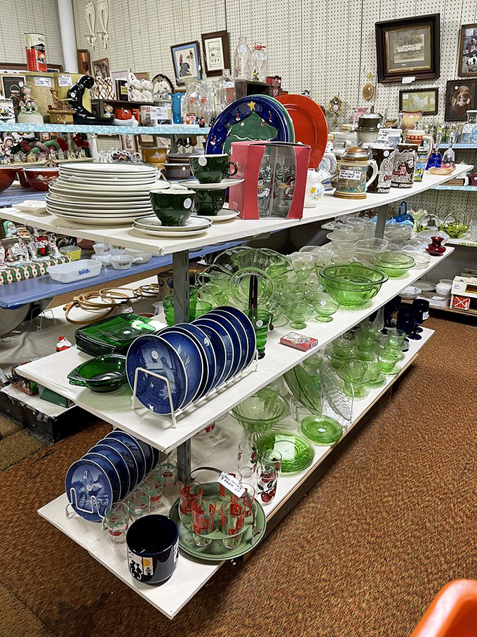 Depression glass and vintage tableware gleam under the lights, their colors as vibrant as when first produced.