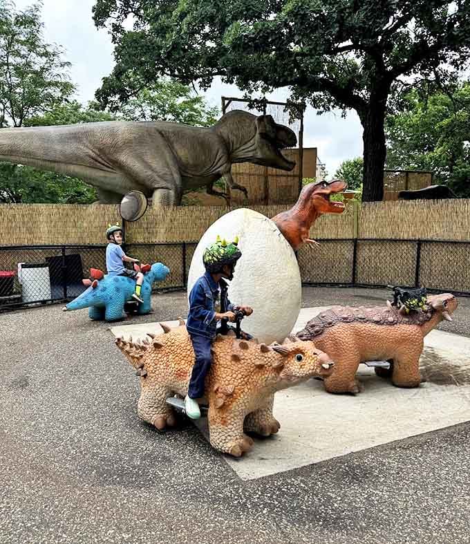 Prehistoric thrills await at the dinosaur ride area, where children live out their paleontologist dreams atop friendly-looking dinosaur mounts.