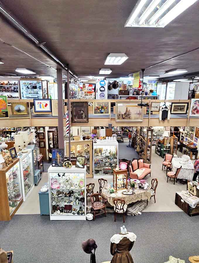 The multi-level layout reveals itself in this sweeping view, where decades of American material culture coexist in harmonious retail chaos.