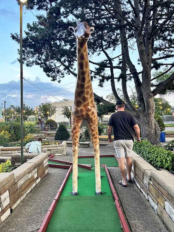 The towering giraffe creates a neck-high challenge, standing tall as one of the course's most photographed and beloved animal obstacles.