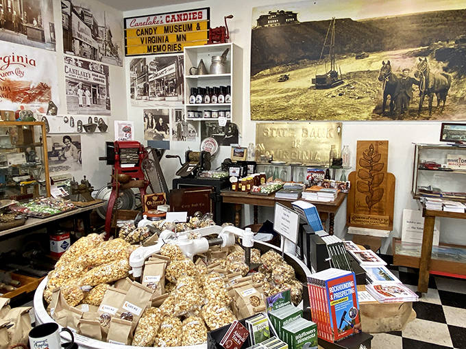 History meets sweetness in the museum corner, where vintage photos and memorabilia tell the story of Virginia's beloved candy institution.