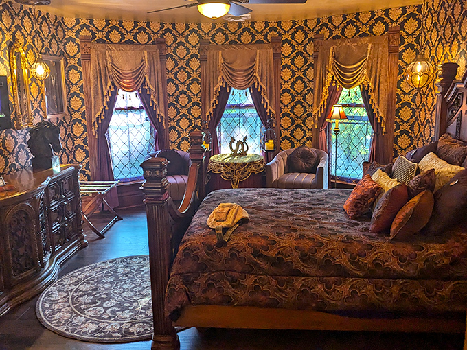 Royal blues and golds transform this bedroom into a Victorian fantasy &ndash; sleep like alternate-universe royalty surrounded by mechanical marvels.