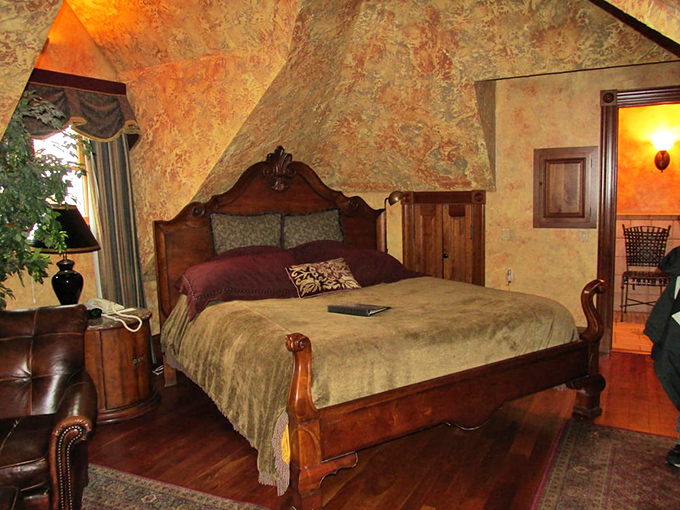 The Miller Suite offers a perfect blend of medieval charm and modern comfort, with angled ceilings that create a cozy sanctuary.