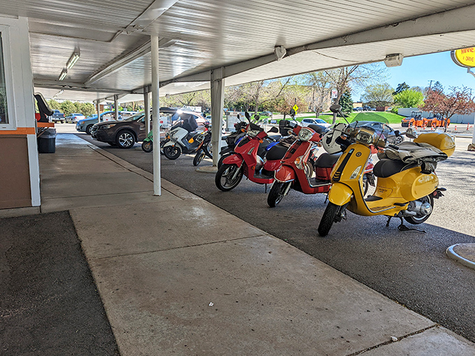 Motorcycle enthusiasts find the drive-in's spacious layout perfect for group gatherings &ndash; chrome and comfort food make natural companions.