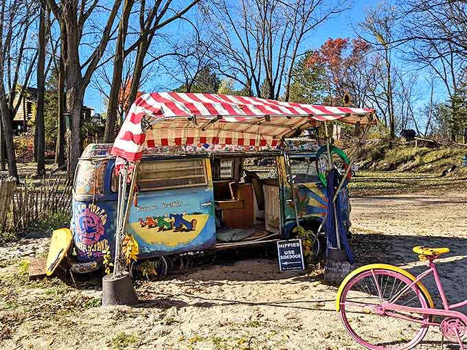 Peace, love, and vintage Volkswagen vibes radiate from this colorful hippie bus, a time capsule from an era of freedom and exploration.