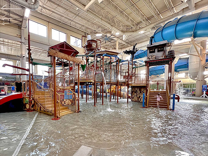 This multi-level water playground proves that architects clearly consulted with actual children when designing the perfect aquatic fun zone.