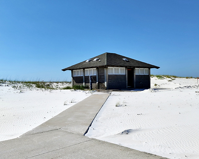 This humble restroom facility might not win architectural awards, but it's a welcome sight after that second beach cooler beverage.