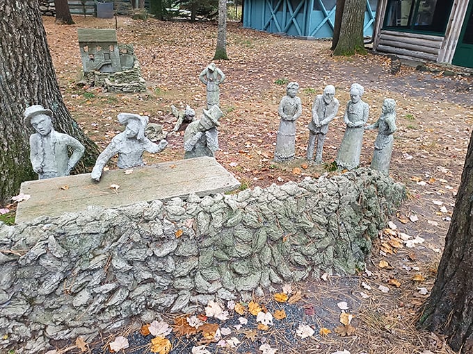 The tavern scene depicts an eternal happy hour, where stone patrons gather for conversations that have been paused mid-sentence for decades.