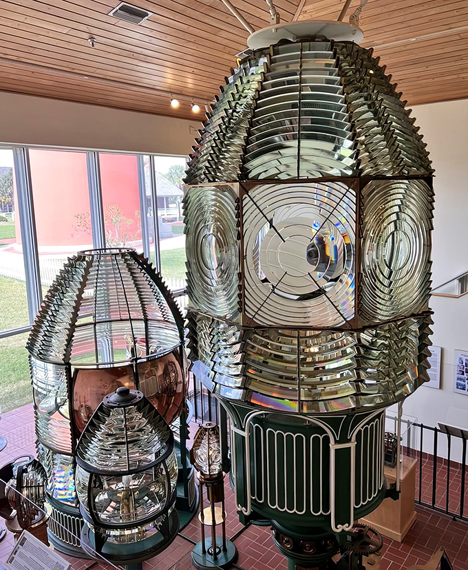Lighthouse technology on display: these magnificent Fresnel lenses are the Faberg&eacute; eggs of the maritime world, focusing light that once guided ships safely home.