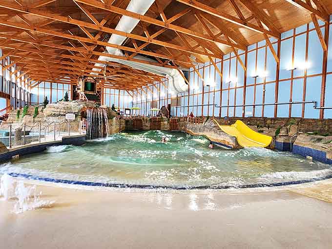 The wave pool transforms from calm waters to churning surf at regular intervals, announced by a bell that triggers a Pavlovian rush.