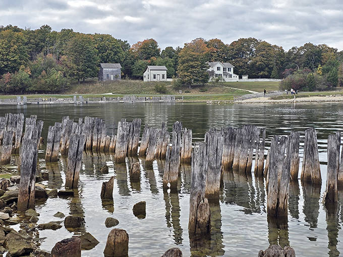 Wooden pilings emerge from calm waters like memories refusing to be washed away by time's persistent tide.