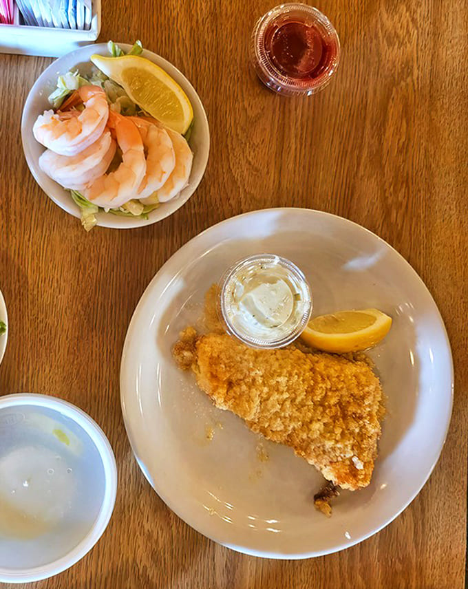 Crispy fish filet and plump shrimp cocktail offer seafood lovers a break from the beef, without sacrificing quality or flavor.