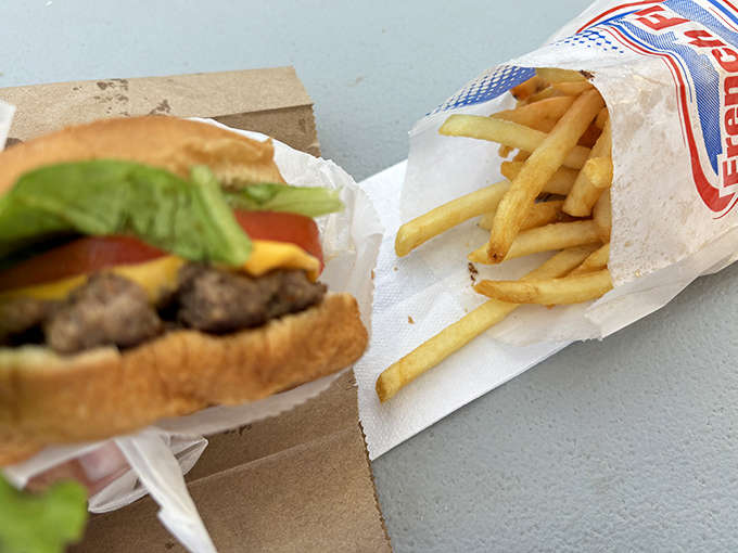 The perfect pairing: a juicy burger alongside golden fries that somehow manage to stay crispy until the very last bite.