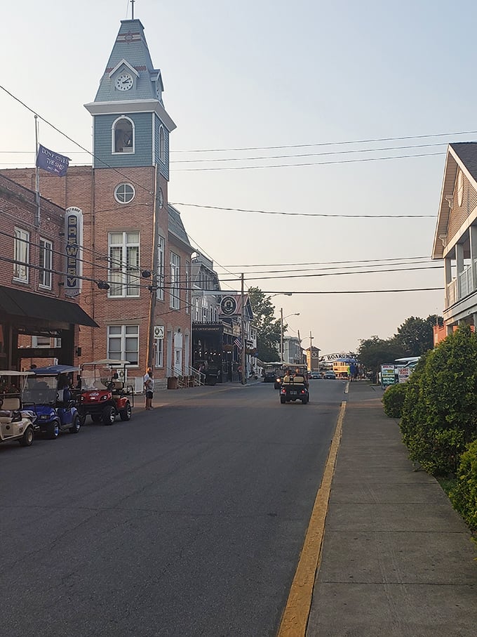 Delaware Avenue comes alive at dusk as golf carts replace cars and the island's nightlife begins to stir.