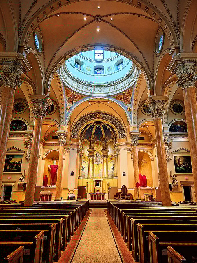 The Basilica of St. Mary dazzles with heavenly architecture, its soaring dome and golden altar creating a sanctuary where light becomes a spiritual experience.