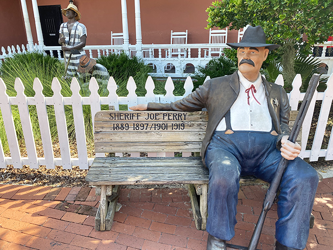 This weathered bench dedicated to Sheriff Joe Perry offers a moment of rest while contemplating his lengthy service.