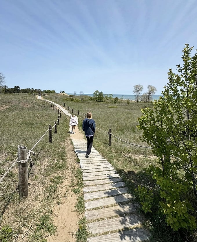 The wooden path creates a perfect frame for Lake Michigan's vastness &ndash; nature's own infinity pool.