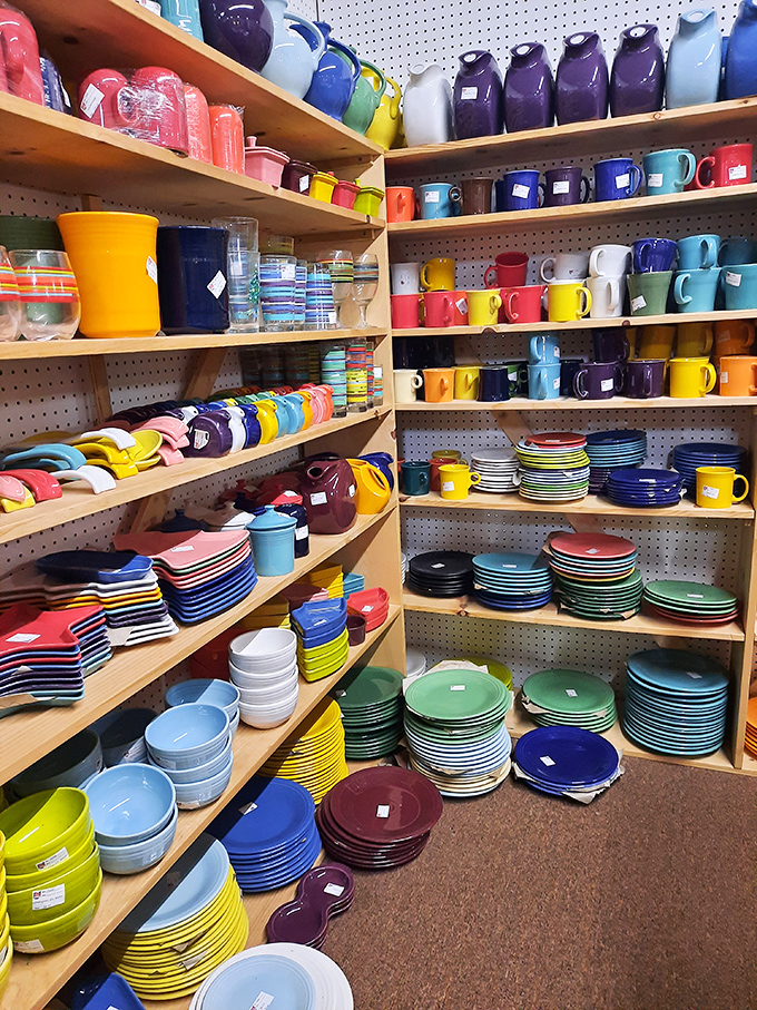 A rainbow of vintage Fiestaware creates an eye-catching display that has collectors reaching for their wallets and color-coordinating their kitchens.