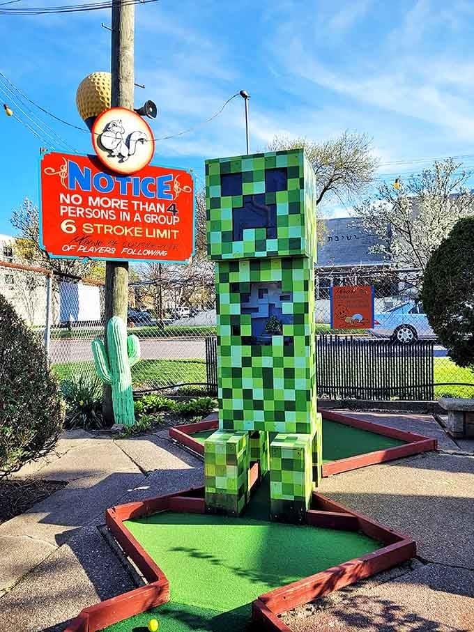 Minecraft meets mini-golf at this pixelated green Creeper hole &ndash; a modern touch in this wonderland of nostalgic putting pleasures.
