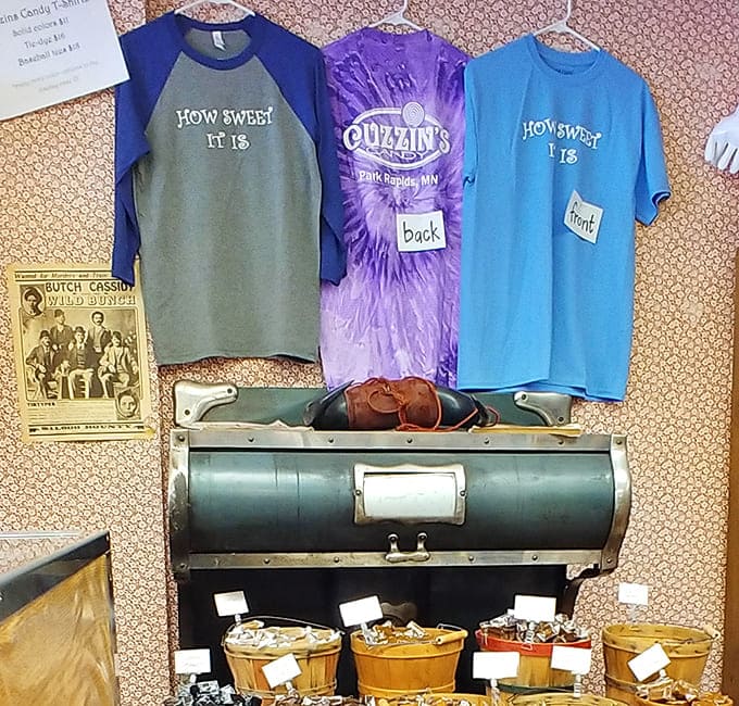 Branded merchandise reminds visitors that sometimes the best souvenir is one that advertises your love of candy.