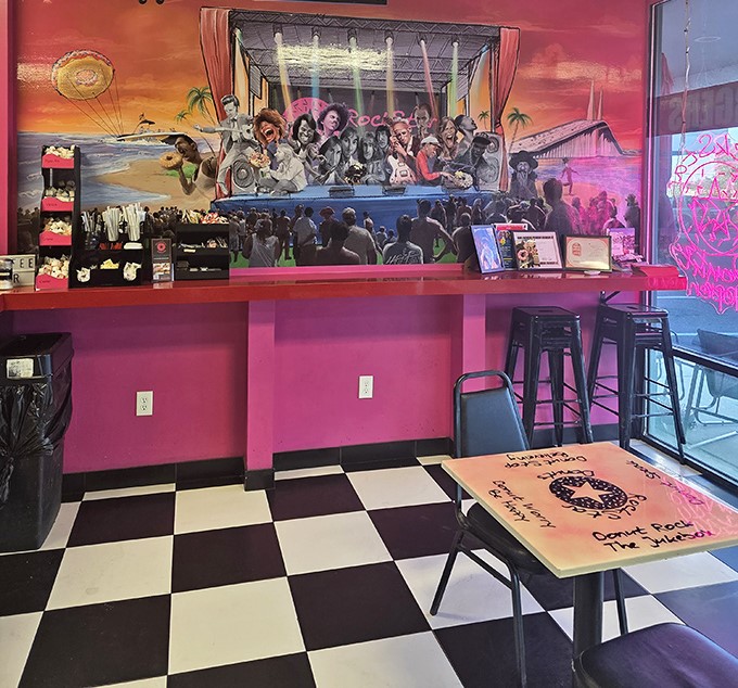 Dining Area: Where rock legends meet breakfast legends on vibrant walls, creating the perfect backdrop for powdered sugar mustaches.