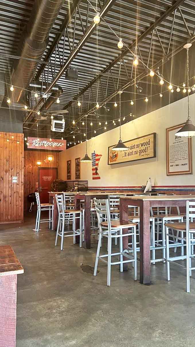 High-top tables and wooden accents create a dining space that's both rustic and comfortable.