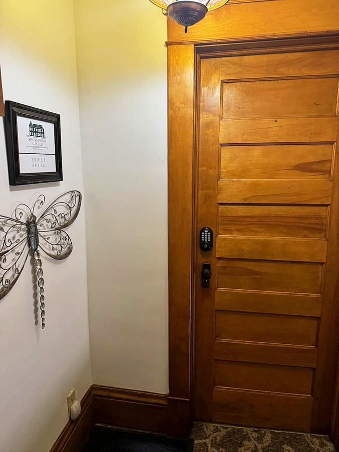 This isn't just any door – it's the portal to your castle getaway, complete with keypad entry because even royalty appreciates modern convenience.