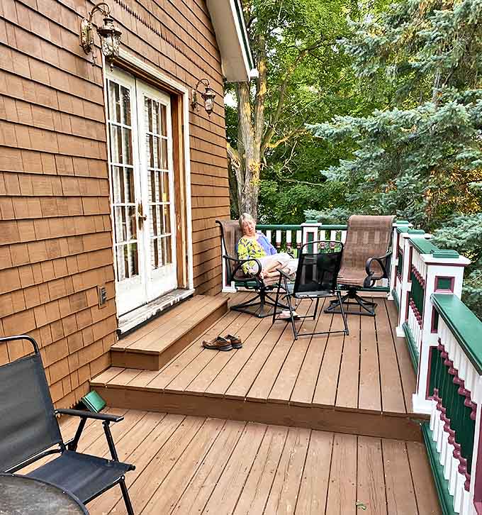 Guest: Peaceful moments unfold on the private deck, where the afternoon sun filters through trees and worries seem to belong to another world entirely.
