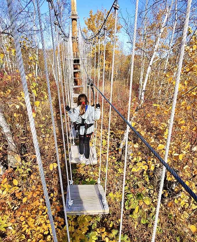 These suspended wooden planks might look simple from below, but they transform into a heart-pounding challenge when you're crossing.