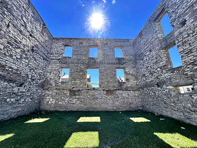 Windows frame perfect blue-sky vignettes in this roofless remnant, where commerce once thrived in Fayette's economic heyday.