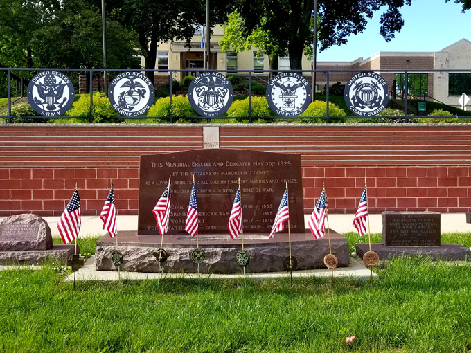 The Montello veterans memorial honors service members, adding a thoughtful patriotic element to the park's many features.