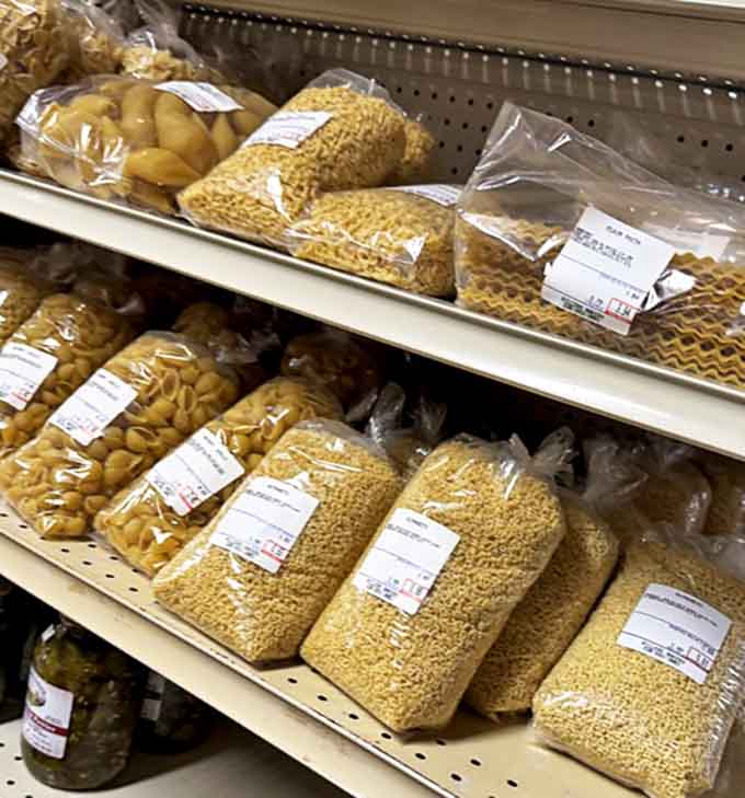 Bags of homemade pasta and dry goods offer visitors a chance to bring a taste of Amish cooking home to their own kitchens.