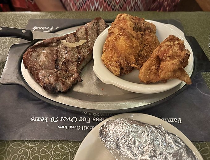 The steak and fried chicken combo plate that answers the eternal question, "Why choose when you can have both?" in the most delicious way possible.