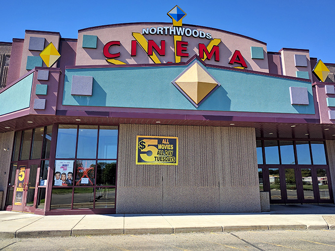 Northwoods Cinema's colorful fa&ccedil;ade promises affordable escapes into other worlds, Tuesday's five-dollar deal the best entertainment value in town.