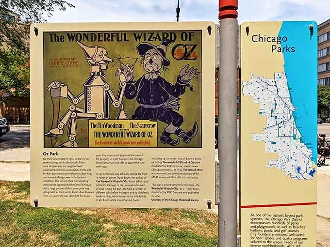 Informational signage tells the tale of Oz Park's creation, connecting Chicago to L. Frank Baum's legacy with facts that enhance the magical experience.