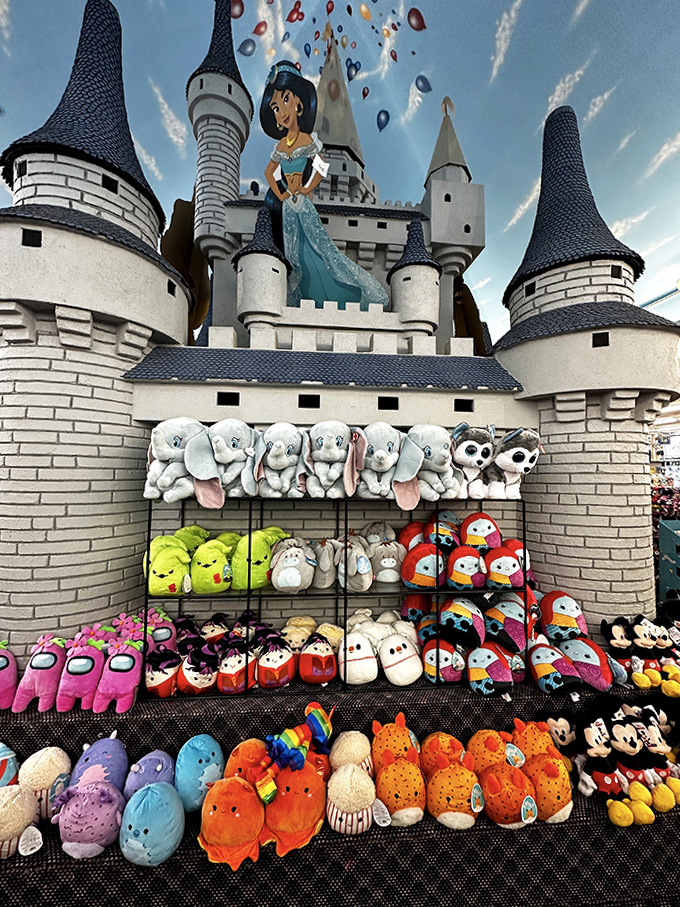 Castle-themed display featuring an army of adorable plush creatures. Even the most budget-conscious shopper finds resistance melting faster than Florida snow.