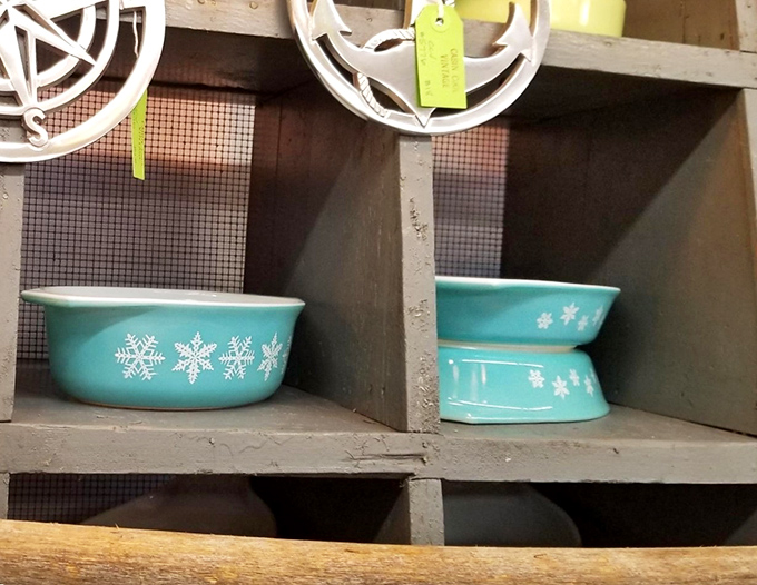 Turquoise Pyrex with snowflake patterns &ndash; the kind that makes visitors exclaim, "My grandmother had these exact bowls!"