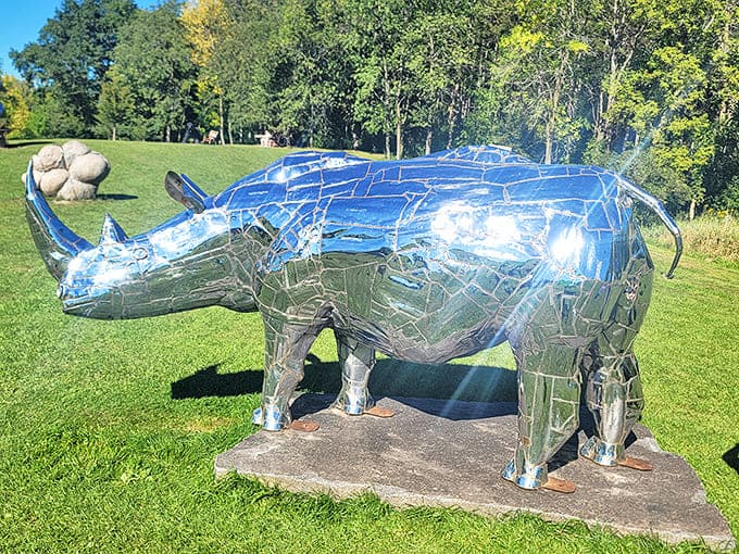 "Harley the Rhino" gleams in the sunlight, its chrome-like surface reflecting the blue Minnesota sky with impressive metallic precision.