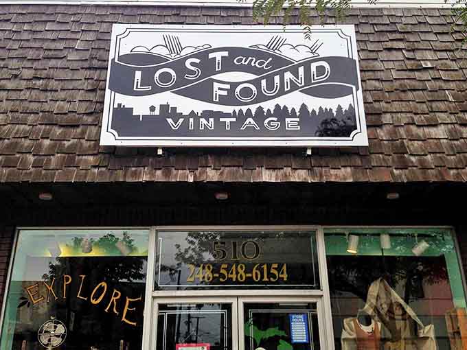 The distinctive Lost and Found logo captures the store's essence &ndash; a blend of urban sophistication and nostalgic charm against Michigan skies.