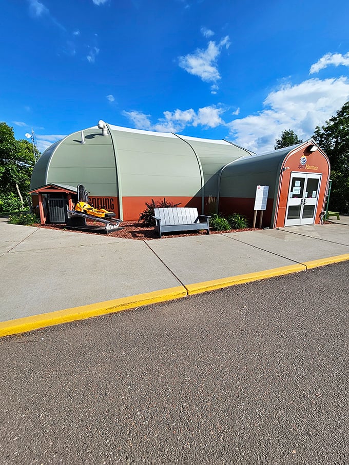 The distinctive dome-shaped tubing building stands ready for winter thrills, proving Spirit Mountain delivers year-round adventures regardless of weather.