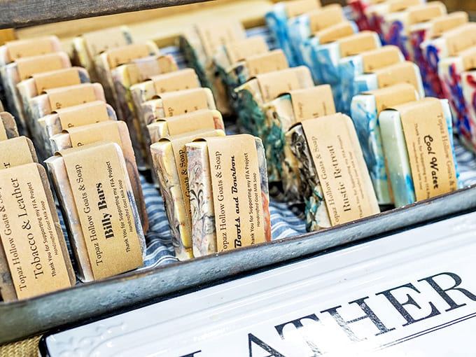 Soap Bars: Artisanal soaps lined up like colorful soldiers, each handcrafted bar promising a moment of everyday luxury and natural ingredients.