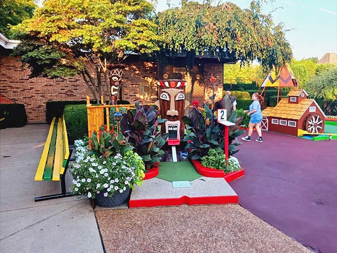 This tribal-inspired obstacle watches over putters with ancient wisdom, silently judging your backswing and follow-through technique.