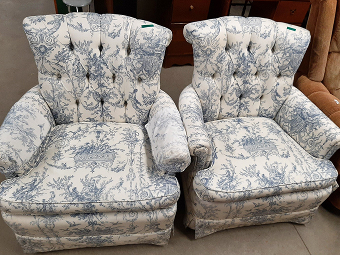 These blue toile armchairs have already survived several decades of conversations &ndash; they're ready for yours next.