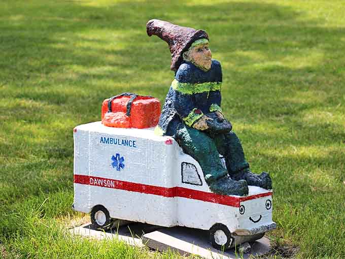 This ambulance-riding gnome demonstrates the town's creativity, combining community service themes with their beloved mascots.