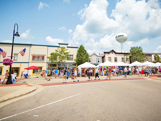 Downtown Mount Horeb transforms during festival season, the charming main street becoming a bustling marketplace of local crafts and community spirit.
