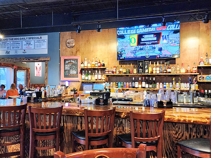 The bar isn't just stocked&mdash;it's a liquid library of possibilities. Sports on TV, spirits on shelves, and friendly conversation all around.