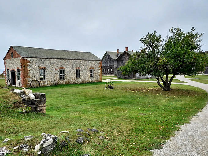 Solid limestone walls have weathered nearly 150 years of Michigan seasons, standing as testament to the craftsmanship of another era.