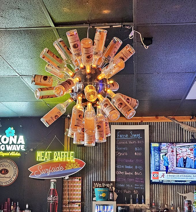 Cool bottle lighting: Ingenious upcycling creates this conversation-starting bottle chandelier &ndash; proof that Fozzie's creativity extends beyond the smoker.