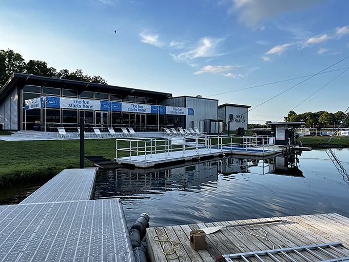 The dock area serves as command central for water-based shenanigans, where courage is gathered before launching into adventure.